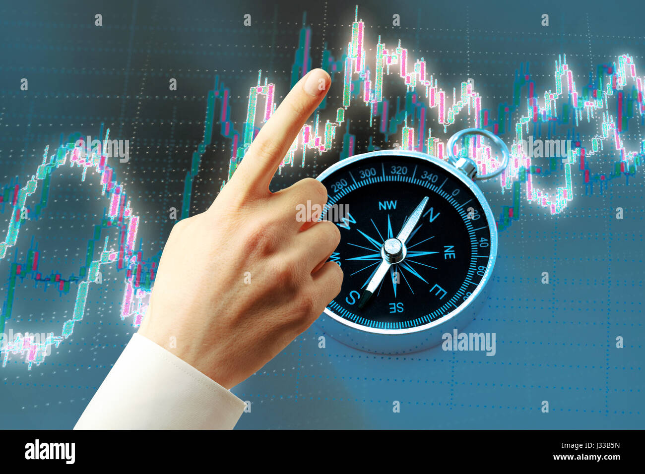 Candlestick graph chart, hand and black compass Stock Photo - Alamy