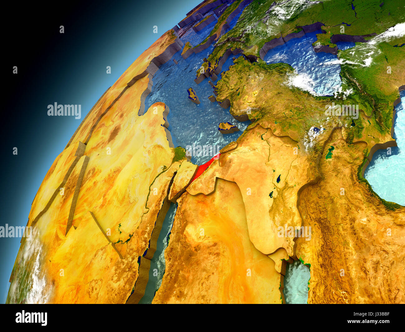 Israel as seen from orbit on model of Earth. 3D illustration with ...