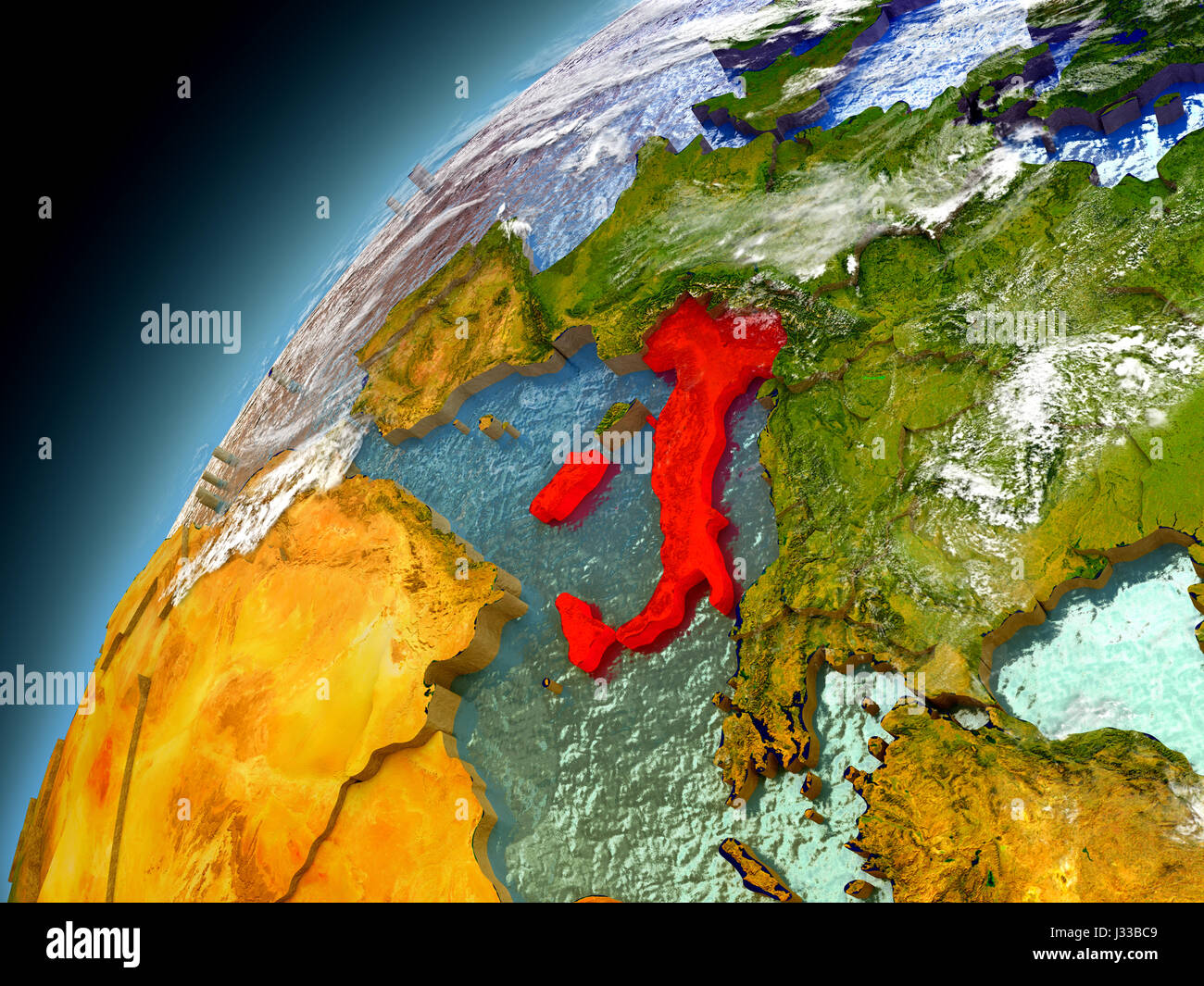 Italy as seen from orbit on model of Earth. 3D illustration with ...