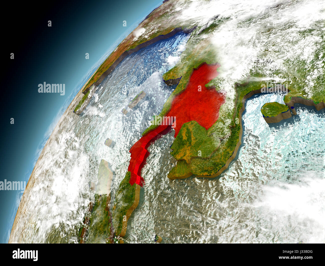 Thailand as seen from orbit on model of Earth. 3D illustration with ...