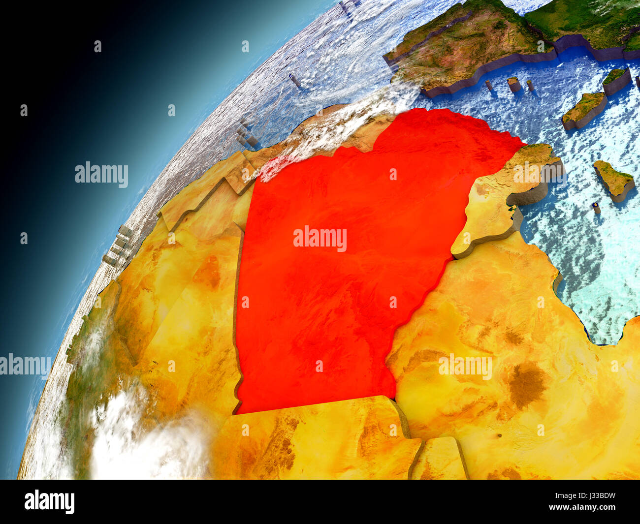 Algeria as seen from orbit on model of Earth. 3D illustration with ...