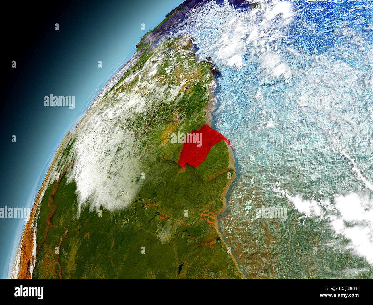 Suriname as seen from orbit on model of Earth. 3D illustration with ...