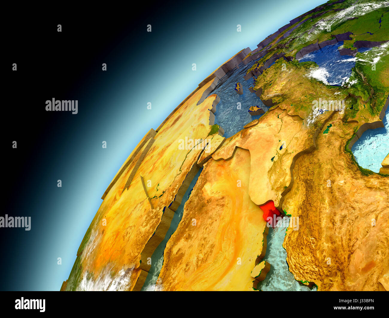 Kuwait as seen from orbit on model of Earth. 3D illustration with ...