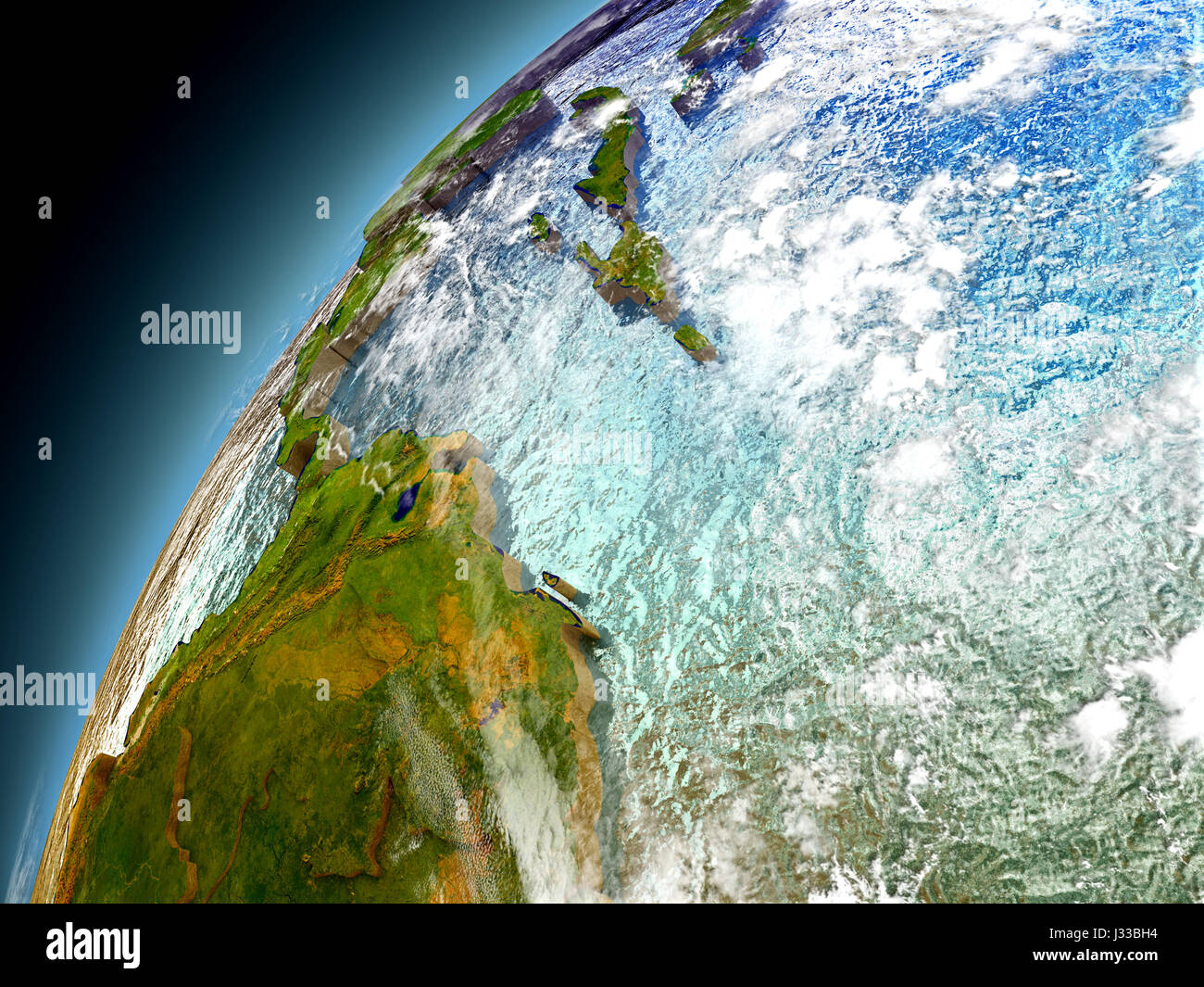 Caribbean as seen from orbit on model of Earth. 3D illustration with ...