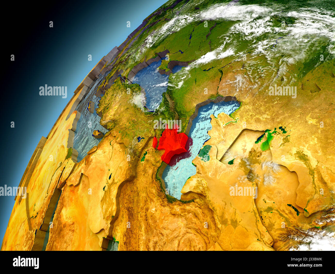 Azerbaijan as seen from orbit on model of Earth. 3D illustration with ...