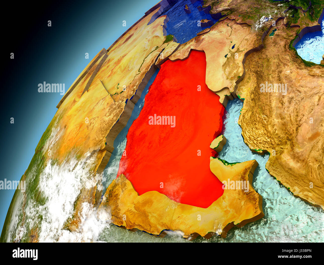 Saudi Arabia as seen from orbit on model of Earth. 3D illustration with ...