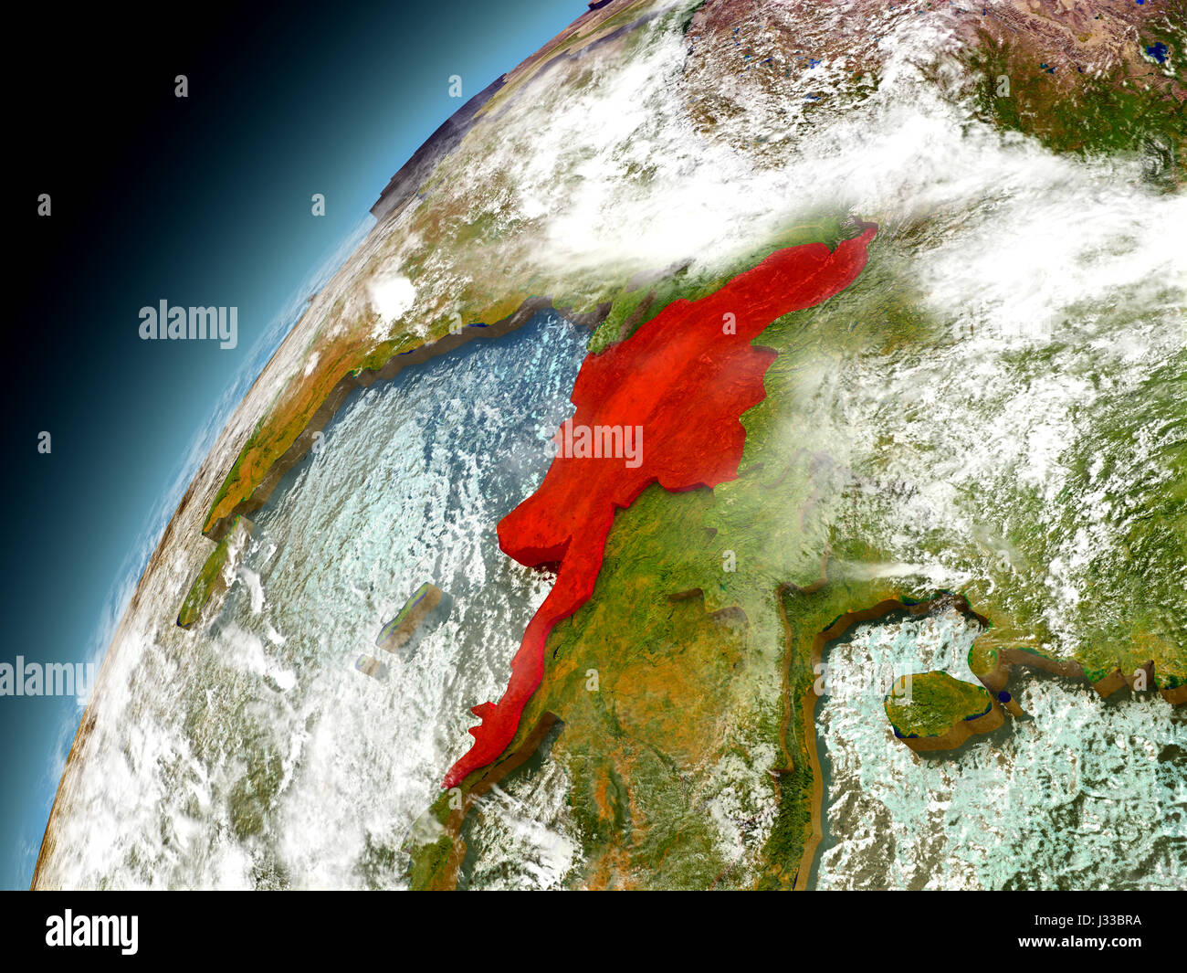 Myanmar as seen from orbit on model of Earth. 3D illustration with ...