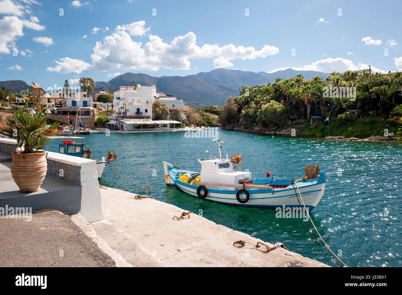 Boat in the harbour, Sisi, Crete, Greece, Europe, Mediterranean Sea ...