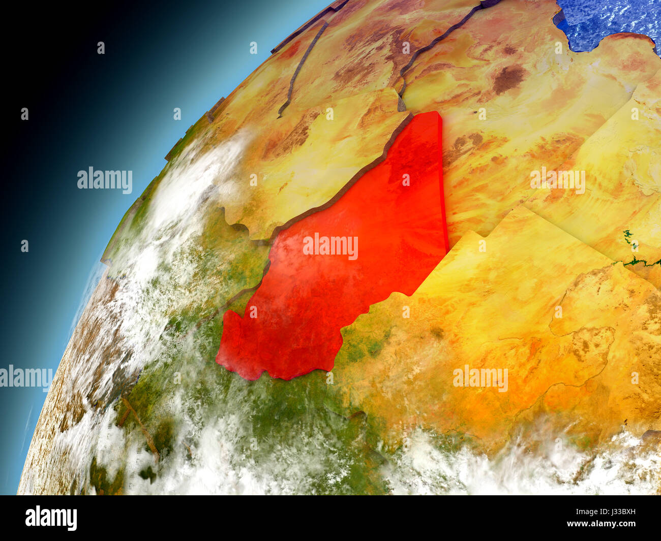 Chad as seen from orbit on model of Earth. 3D illustration with ...