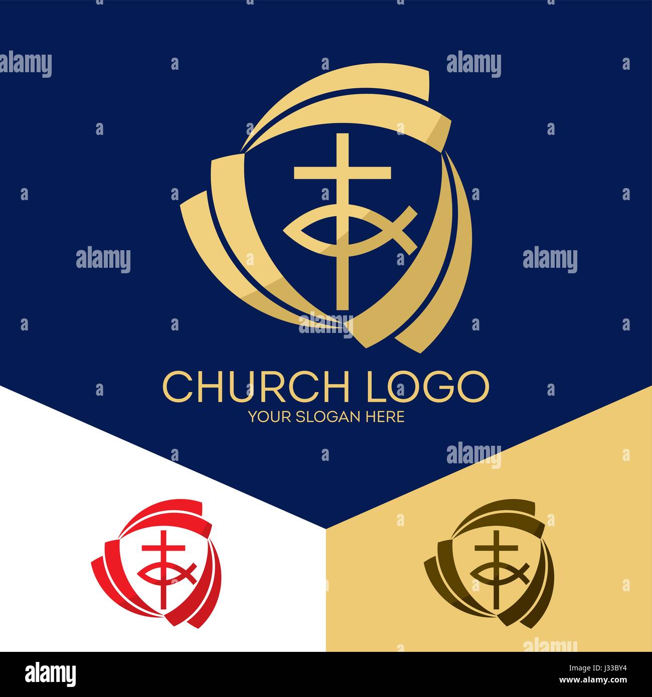 Church logo. Christian symbols. Trinity, the cross and Jesus fish Stock ...