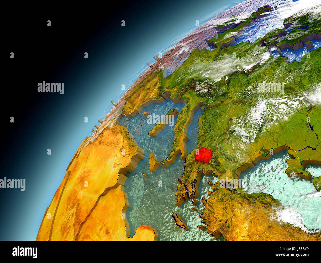 Macedonia as seen from orbit on model of Earth. 3D illustration with ...