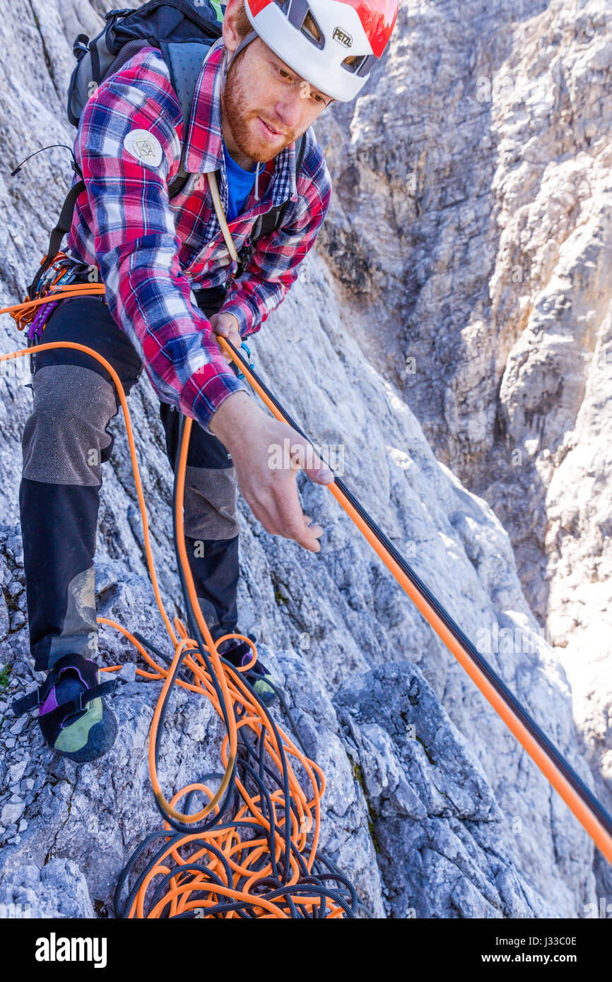 Climber pulling ropes up on the Herzogkante, Laliderer Northface ...
