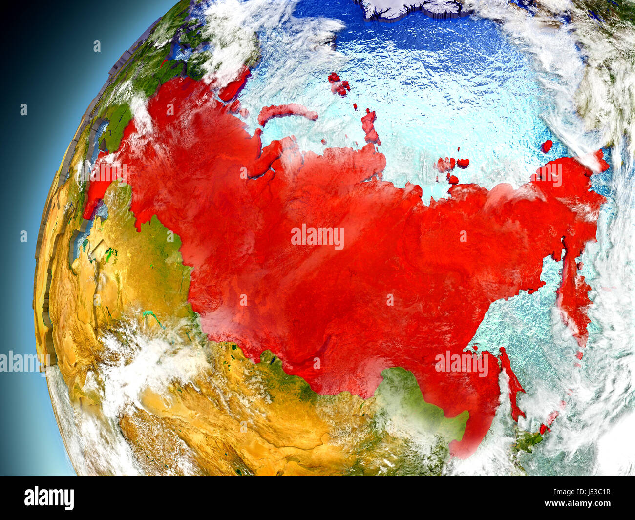 Russia as seen from orbit on model of Earth. 3D illustration with ...