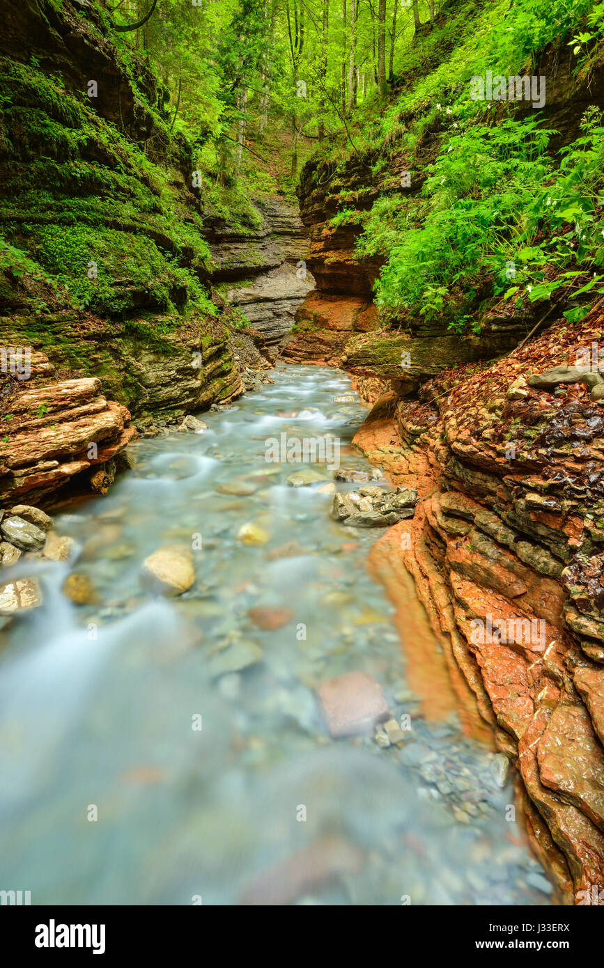 Stream flowing through red canyon, Salzkammergut, Salzburg, Austria ...