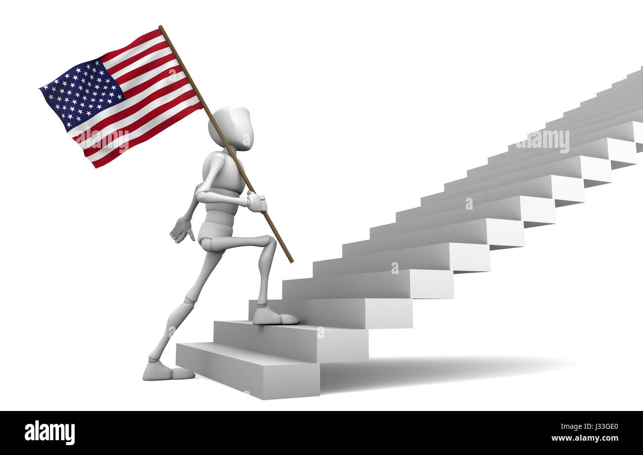 Guy freely walking the stairs to the top and carries the American flag ...
