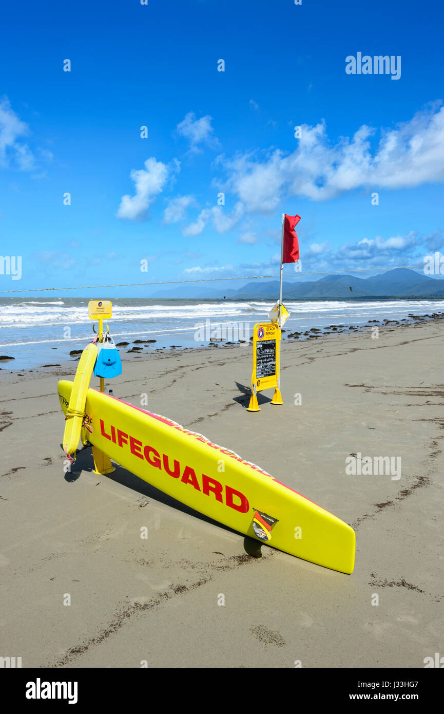 Lifeguard's surfboard and No Swimming Red Flag, Four Mile Beach, Port ...