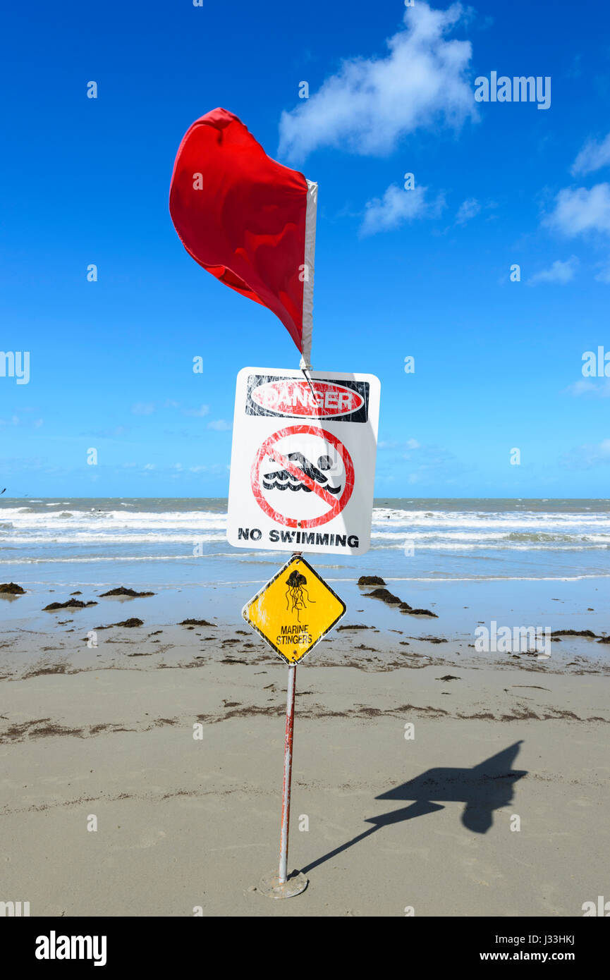 Red Flag and No Swimming Sign due to marine stingers, Four Mile Beach ...