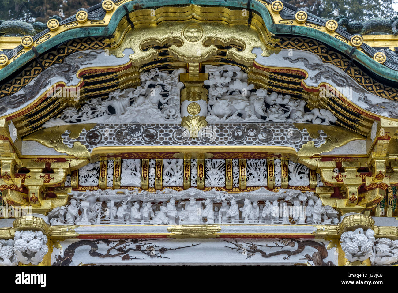 Detail of Karamon Gate cravings lacquered with gold and black at Nikko ...