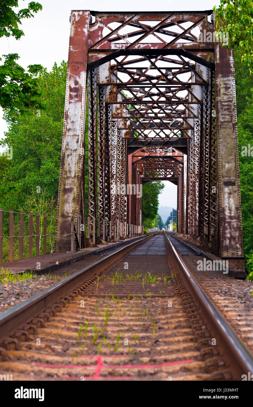 Railway route with the rail and sleepers passing through the old metal ...