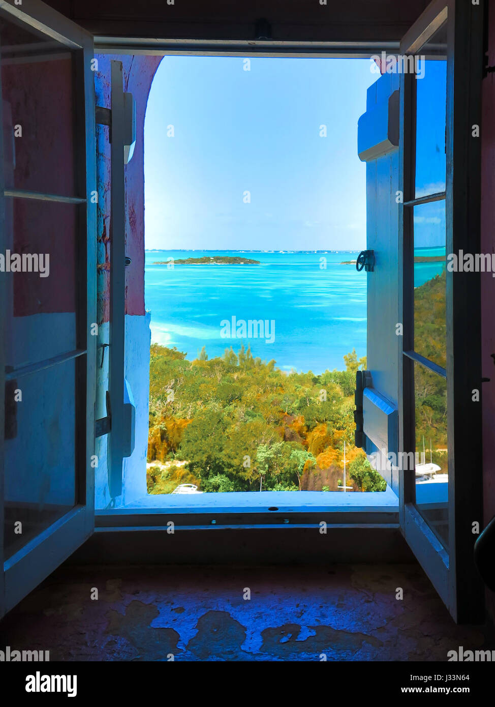 View from a window of the Elbow Reef Lighthouse, in Hope Town, Bahamas ...