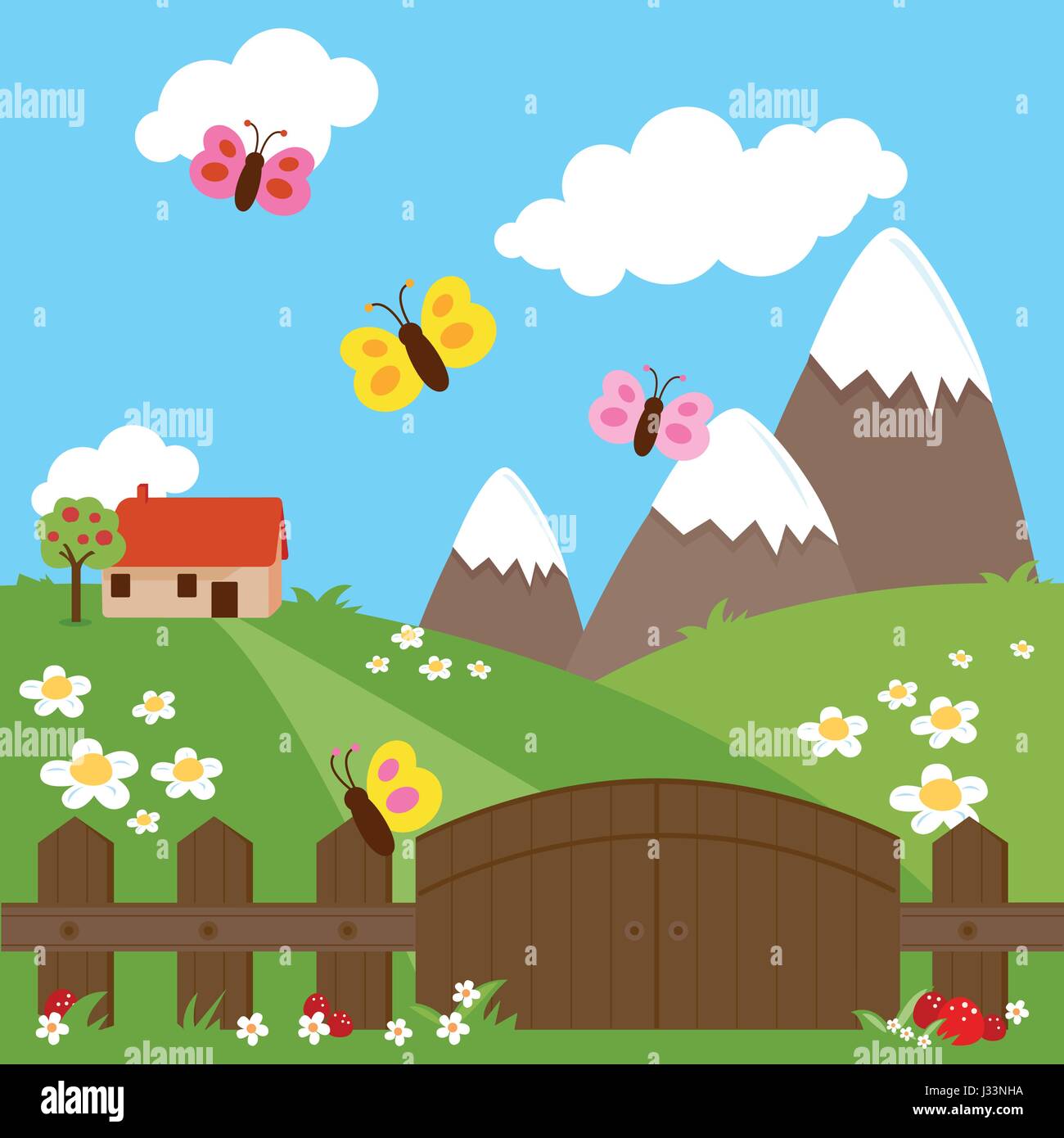 Small country house, meadow and wooden fence. Cute springtime farm ...