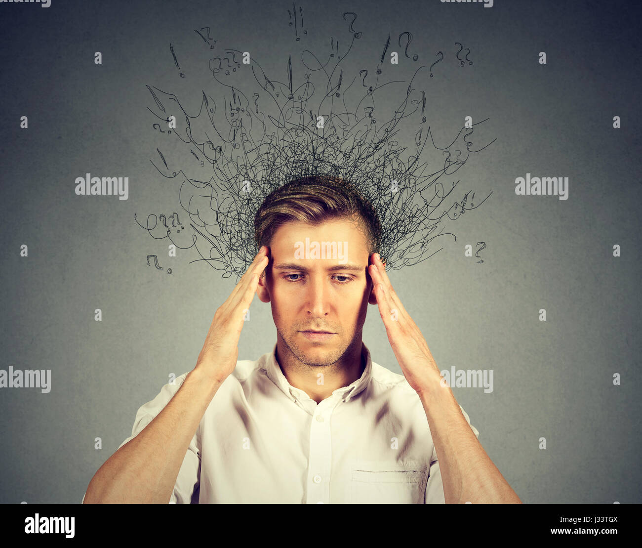 Closeup sad man with stressed face expression and brain melting into ...