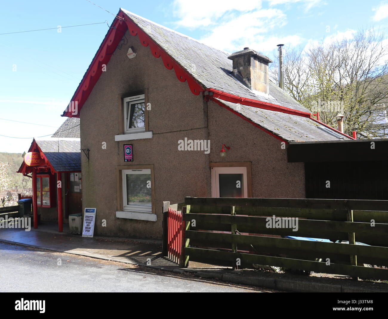 Exterior of Bridge of Cally Post Office Scotland April 2017 Stock Photo ...