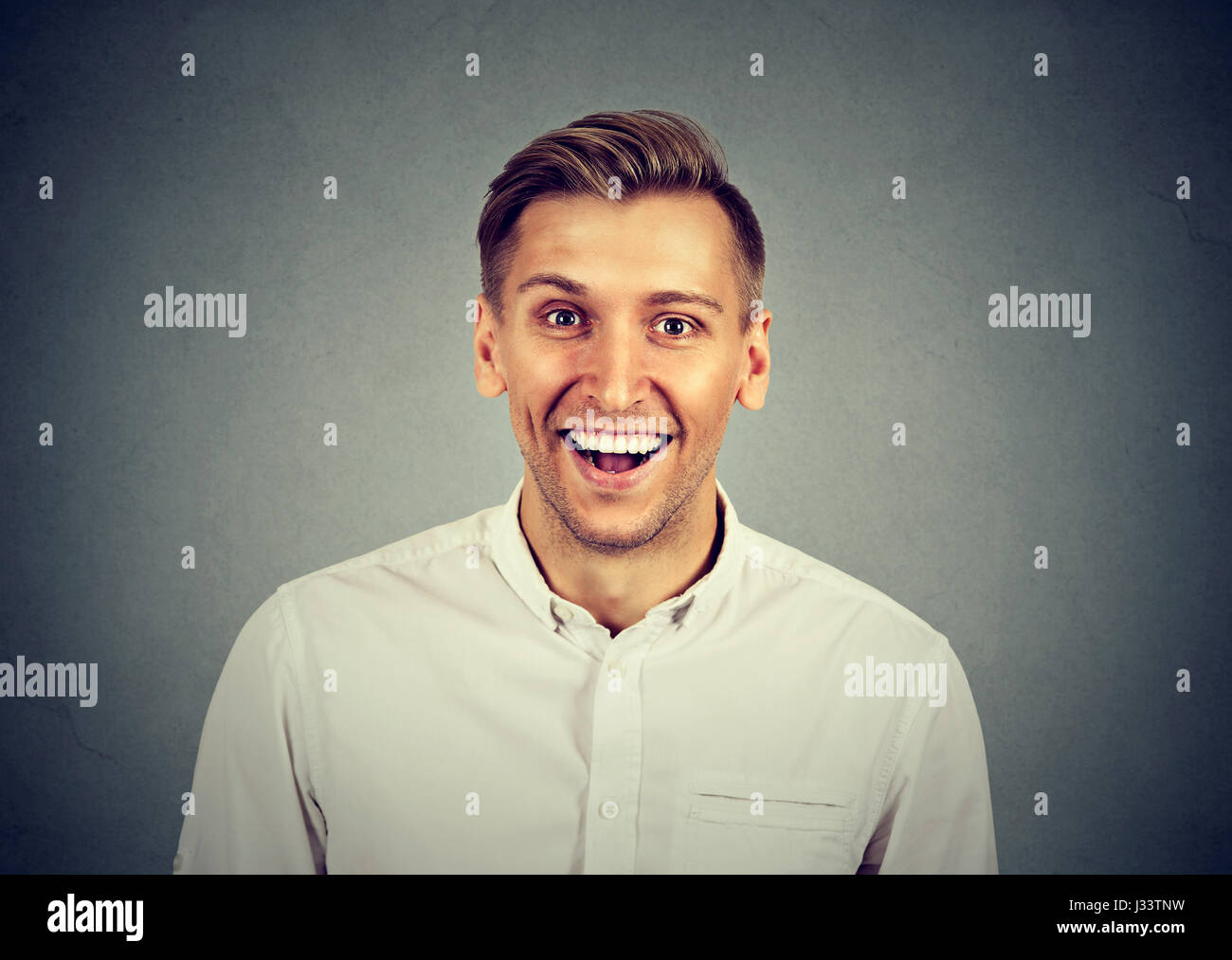 Headshot smiling modern man, creative professional isolated on gray ...
