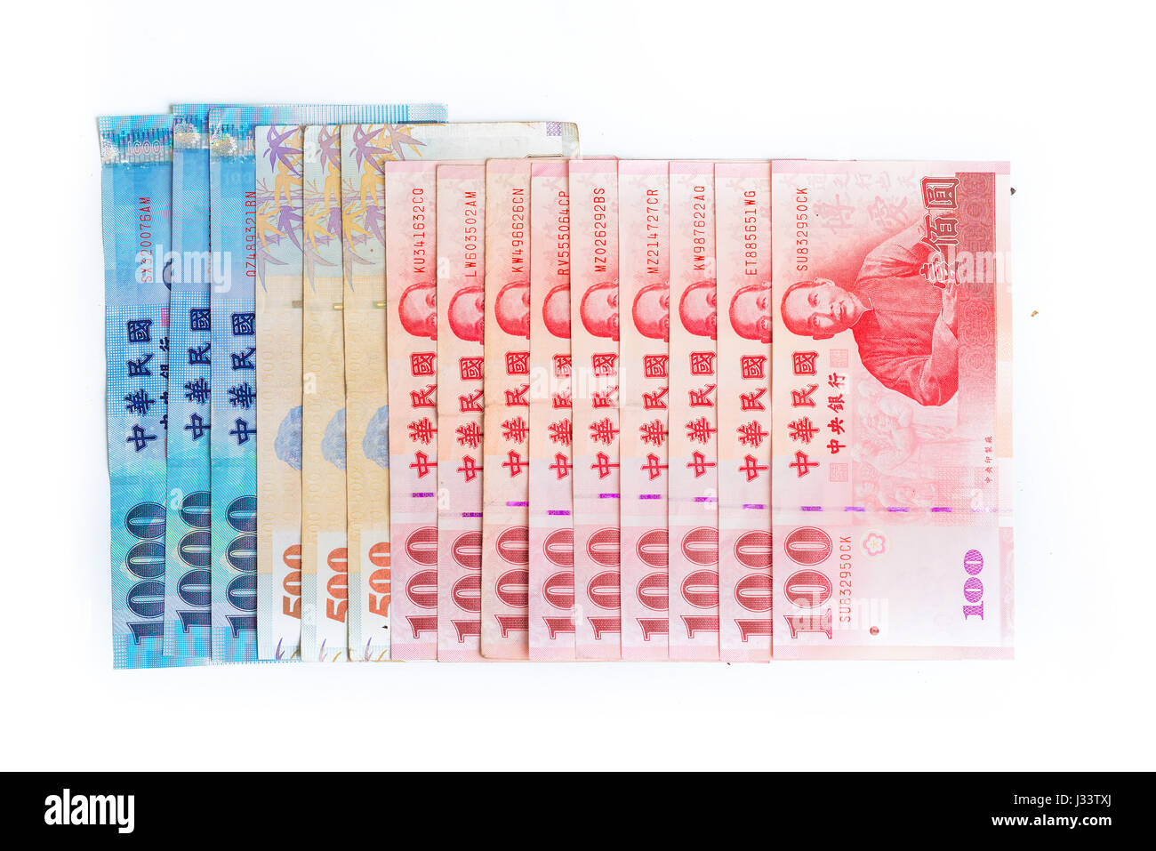 Spread of 1000, 500 and 100 New Taiwan Dollars bill isolated on white ...