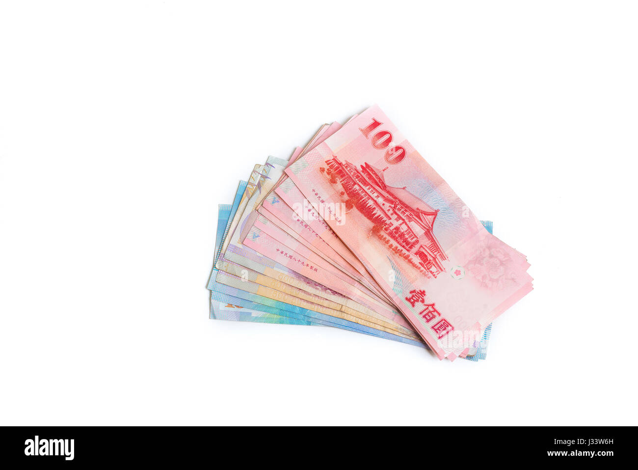 Spread of 1000, 500 and 100 New Taiwan Dollars bill isolated on white ...