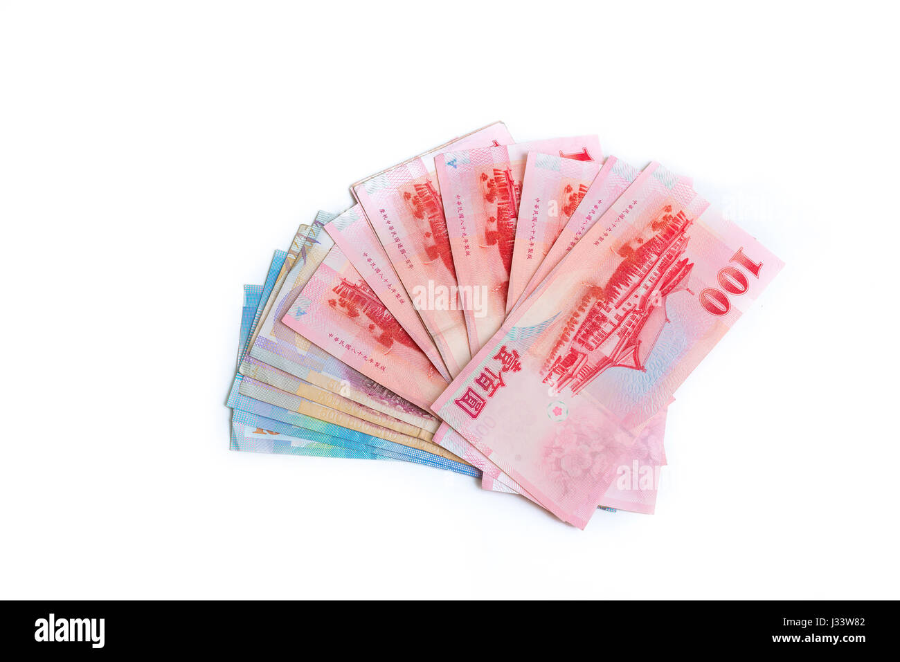 Spread of 1000, 500 and 100 New Taiwan Dollars bill isolated on white ...