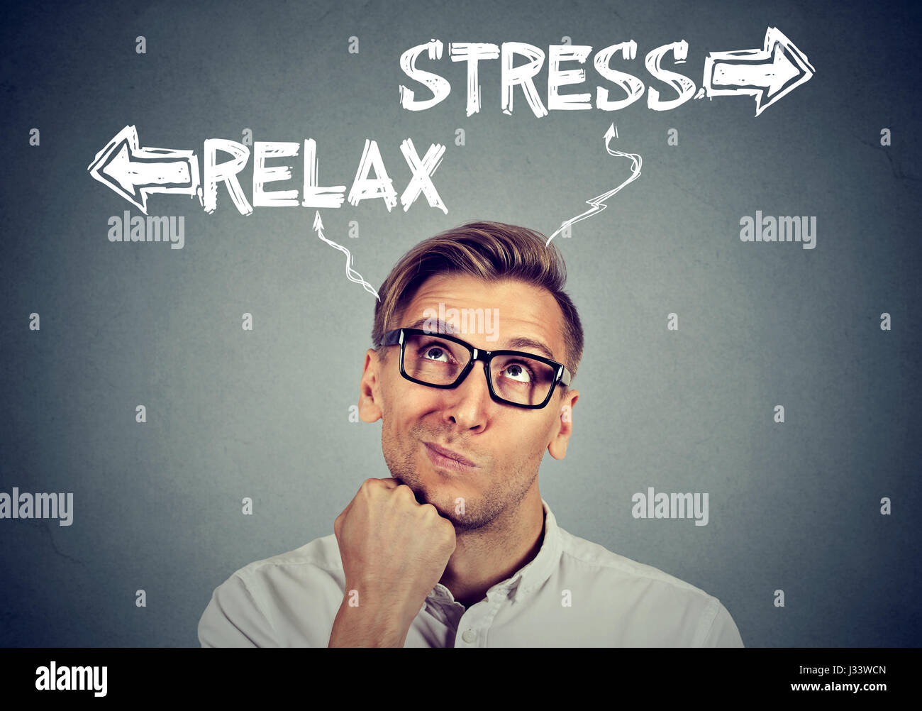 Stress or relax. Headshot confused young man thinking looking up ...