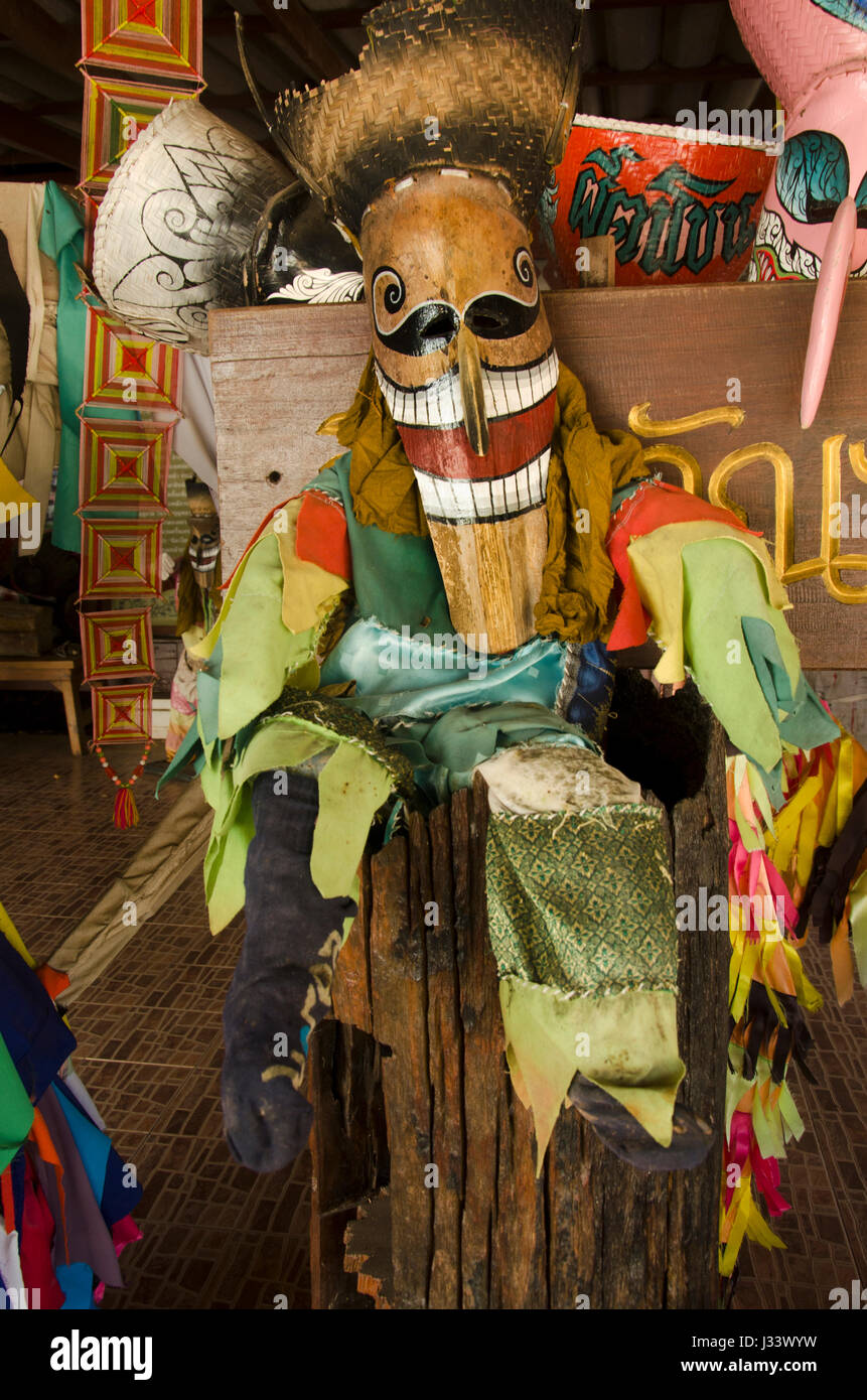 Mask and costume Phi Ta Khon of Ghost Festival also known as Bun Pha Wet for people visit at Phi ...