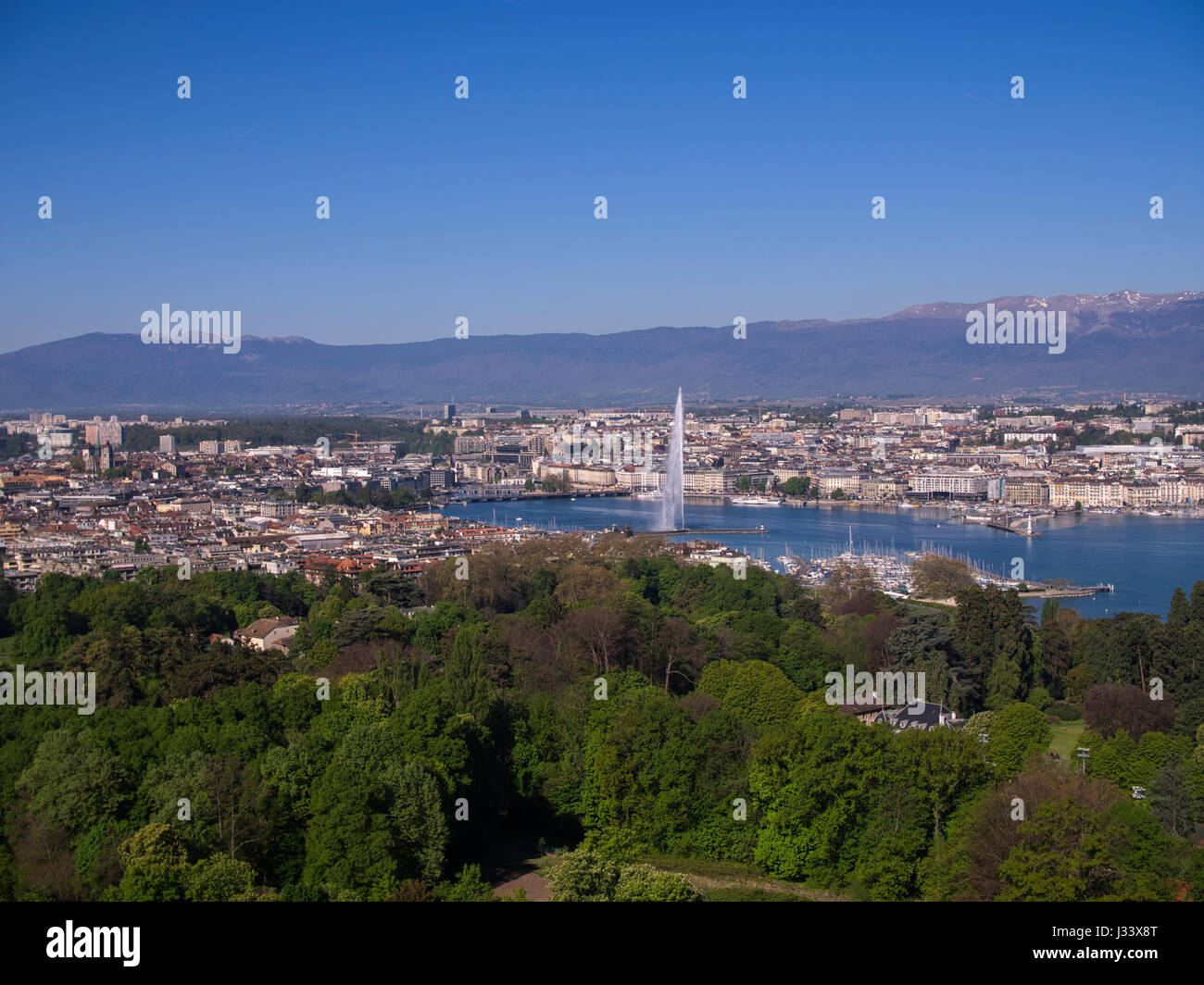 Aerial view of the City of Geneva with Jet d'Eau fountain and Lake of ...