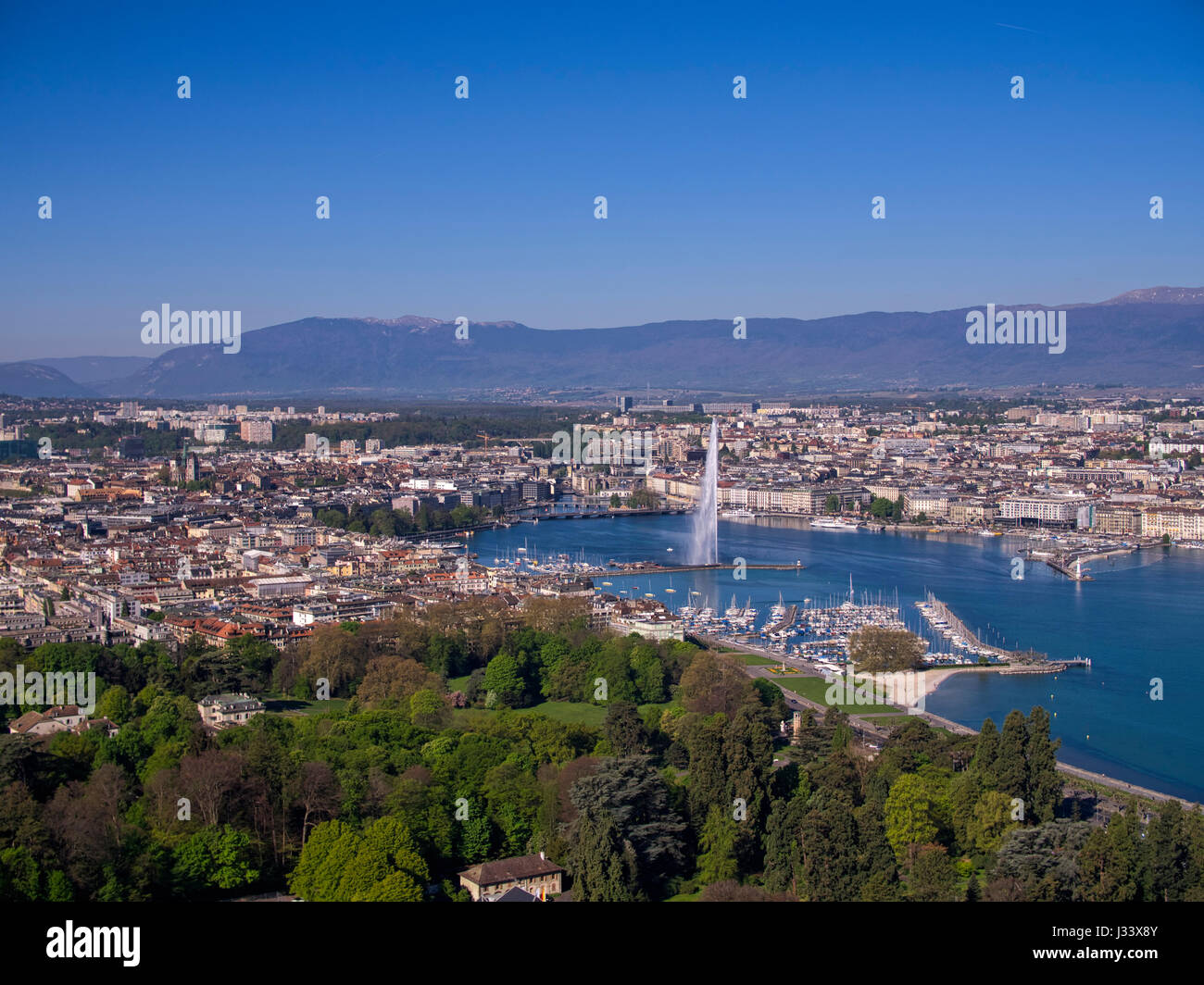 Aerial view of the City of Geneva with Jet d'Eau fountain and Lake of ...