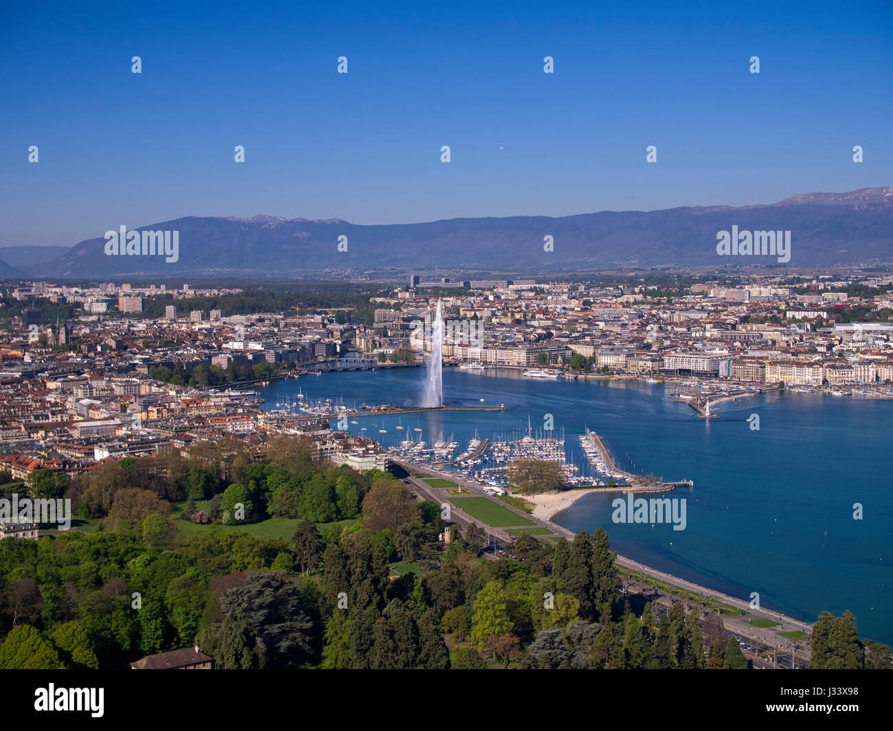 Aerial view of the City of Geneva with Jet d'Eau fountain and Lake of ...