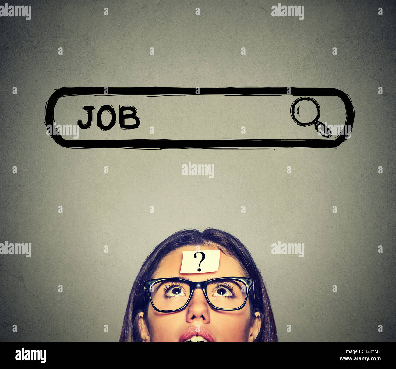 Headshot young woman in glasses thinking looking for a new job isolated ...