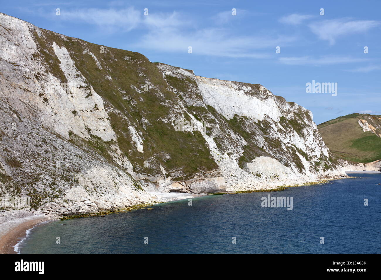 Crumbling chalk cliff face with well-established sea eroded talus cone ...