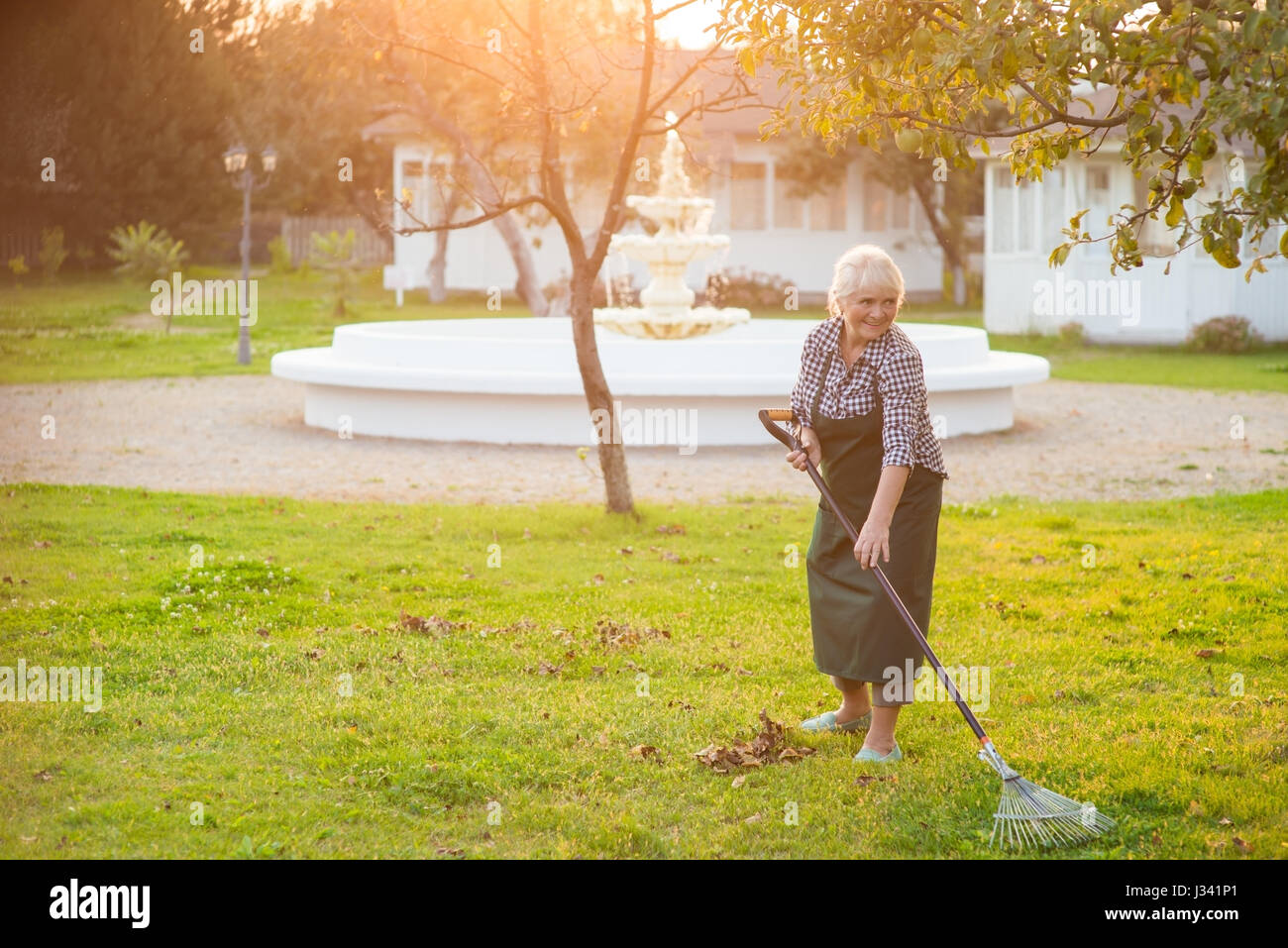 Senior woman working with rake Stock Photo - Alamy