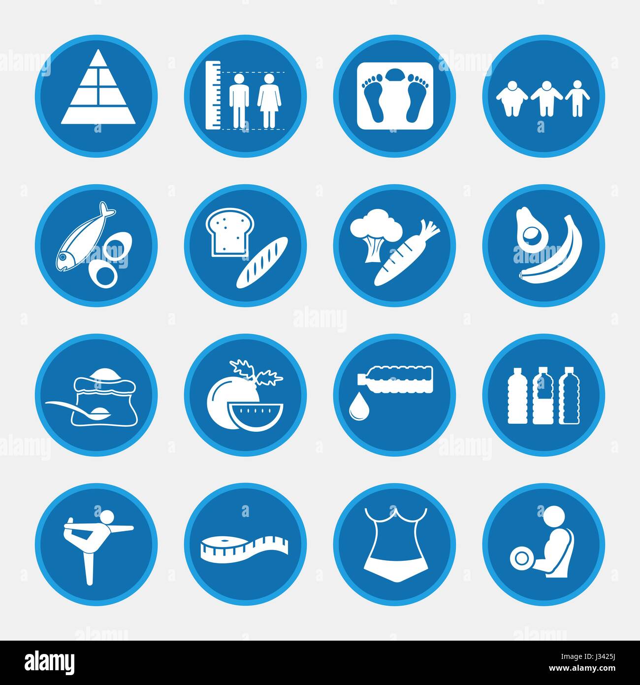 Icon set of obesity related diseases and prevention, blue circle ...