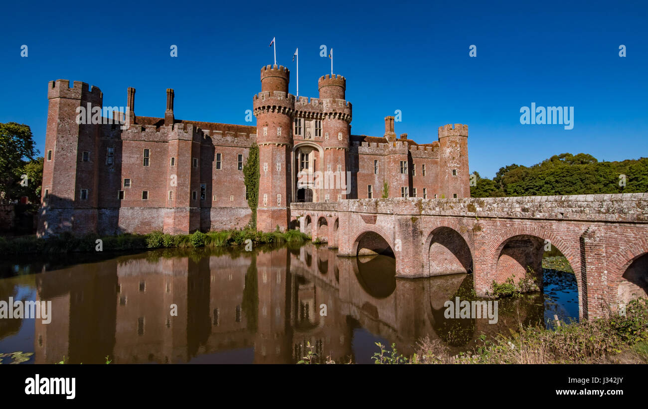 View of a moated brick castle in Southern England Stock Photo - Alamy