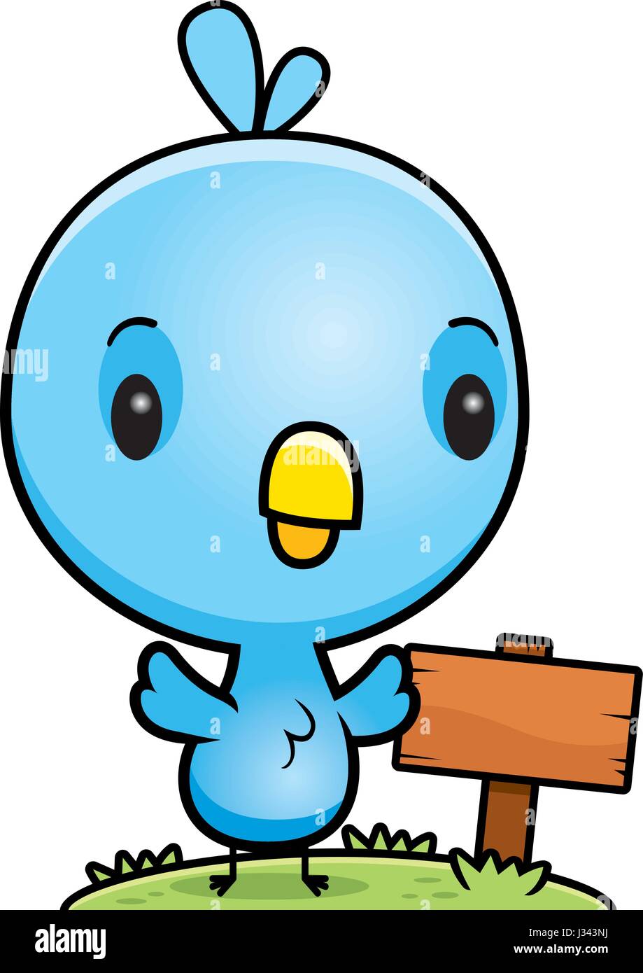 A cartoon illustration of a baby blue bird with a wooden sign post ...