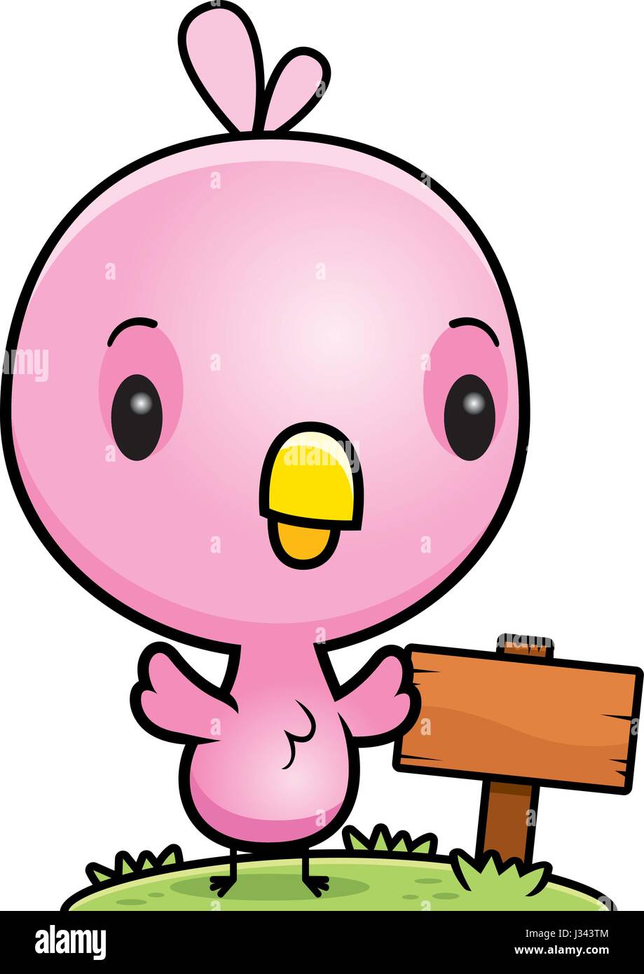 A cartoon illustration of a baby pink bird with a wooden sign post ...