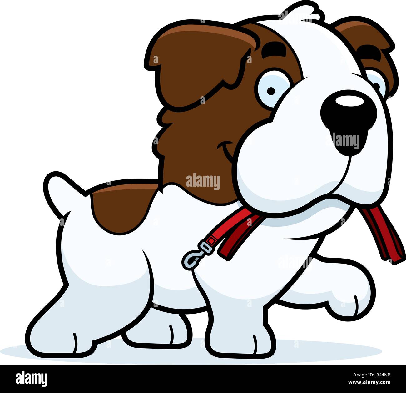 A cartoon illustration of a Saint Bernard walking with a leash in his ...