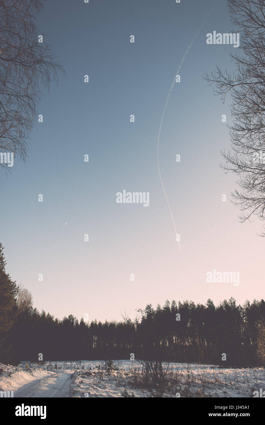 beautiful snowy winter landscape with trees and blue sky - retro ...