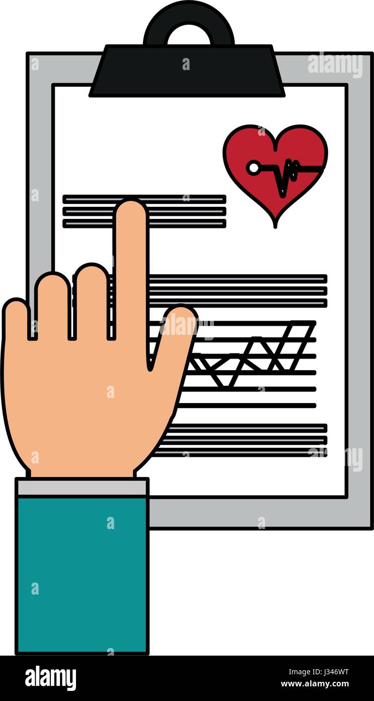 color image cartoon hand pointing a table notepad medical with sheets ...