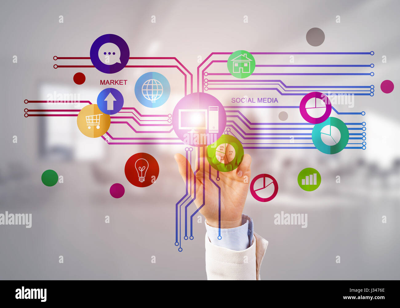 Modern office interior and close of businesswoman hand choosing icon on ...