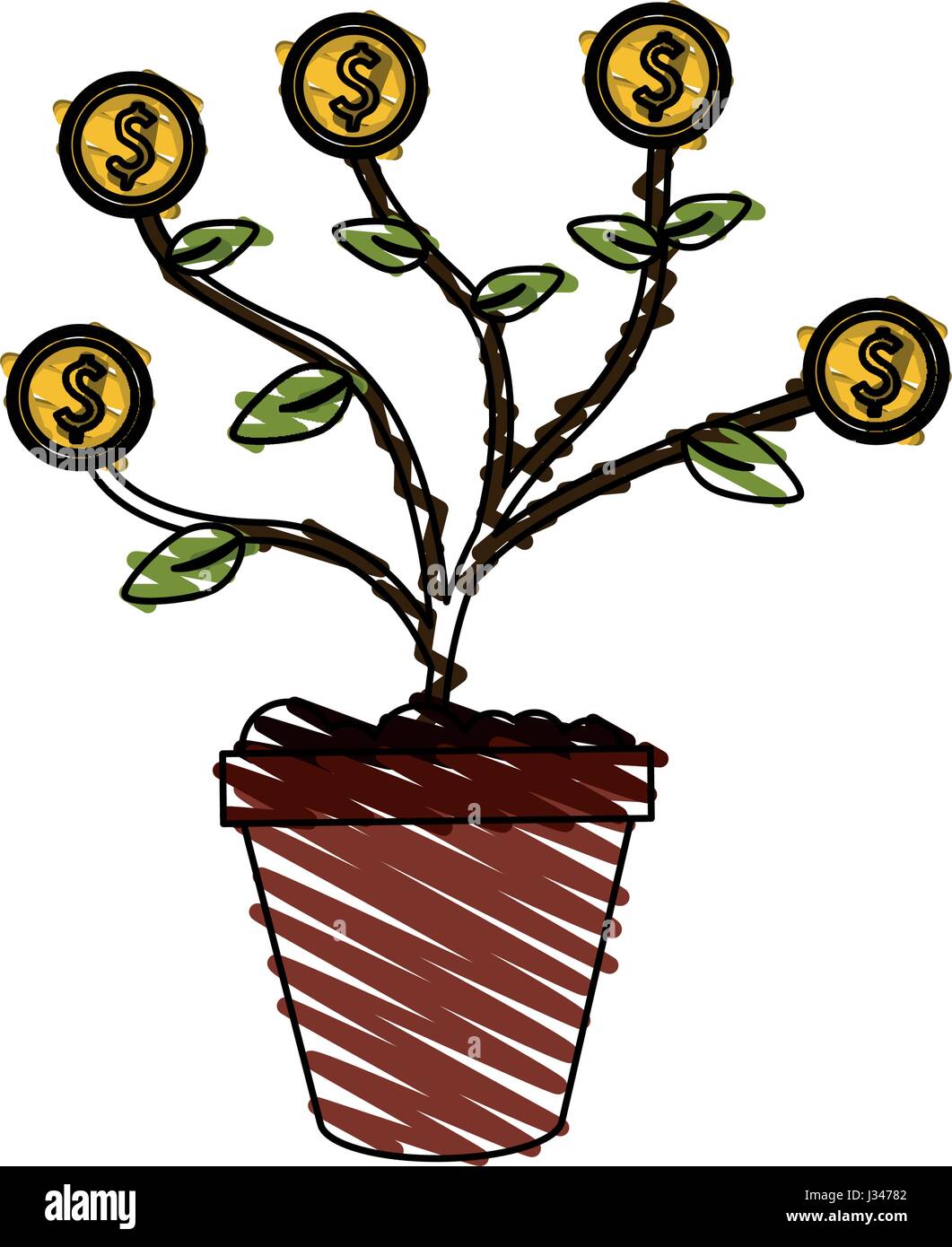 color crayon stripe cartoon potted plant with coins Stock Vector Image ...