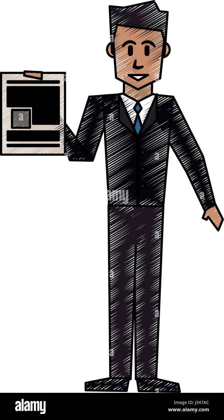 color crayon stripe cartoon full body executive man with document in a ...