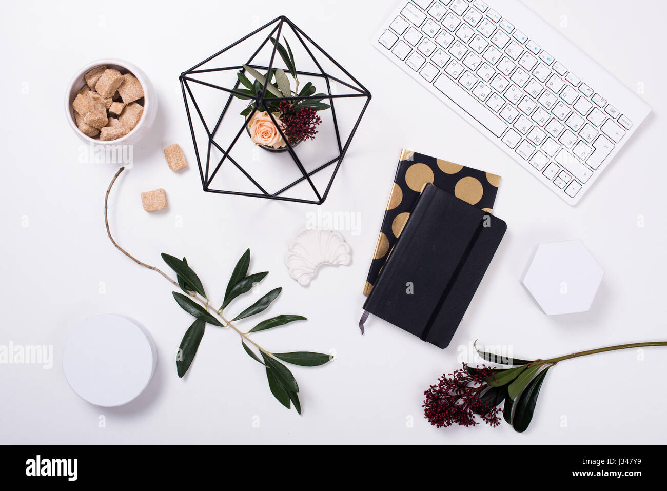 White feminine tabletop flatlay. Home office decor objects Stock Photo ...